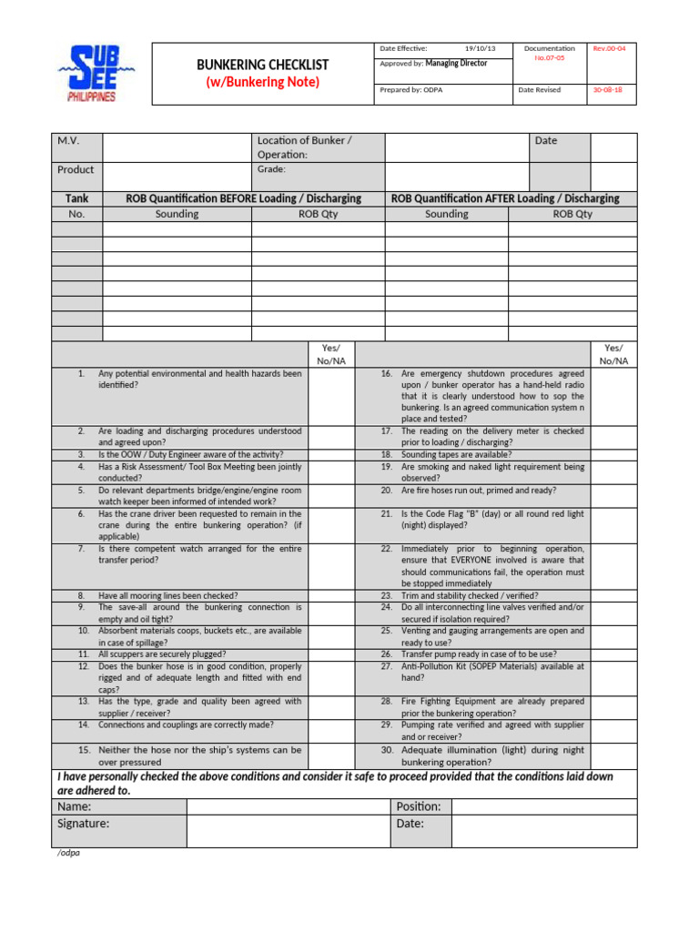 B.14) Bunkering Checklist - Plan | PDF