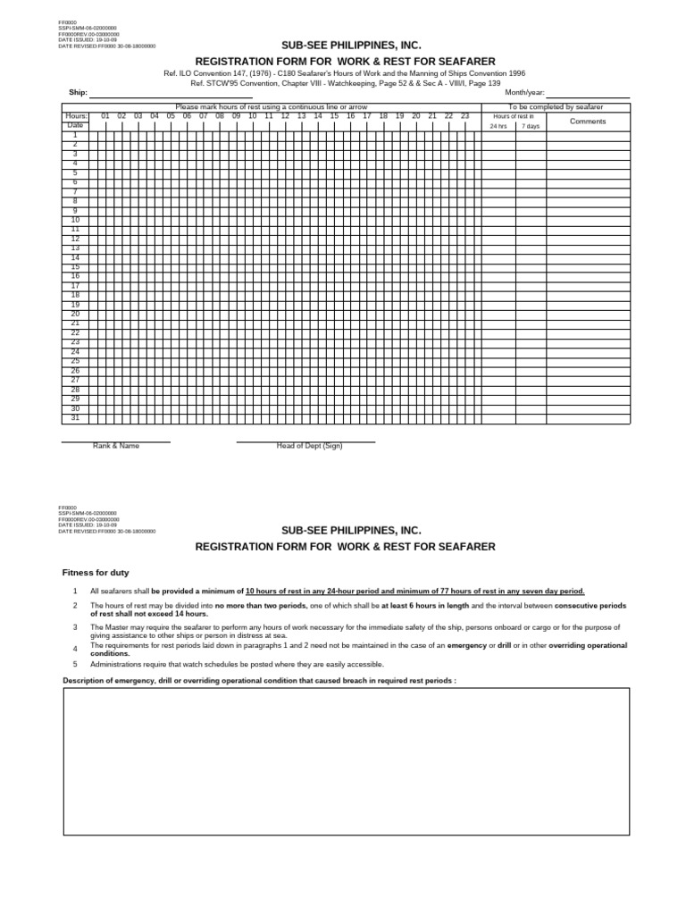 Seafarer Work and Rest Hours Form | PDF | Shipping | Water Transport