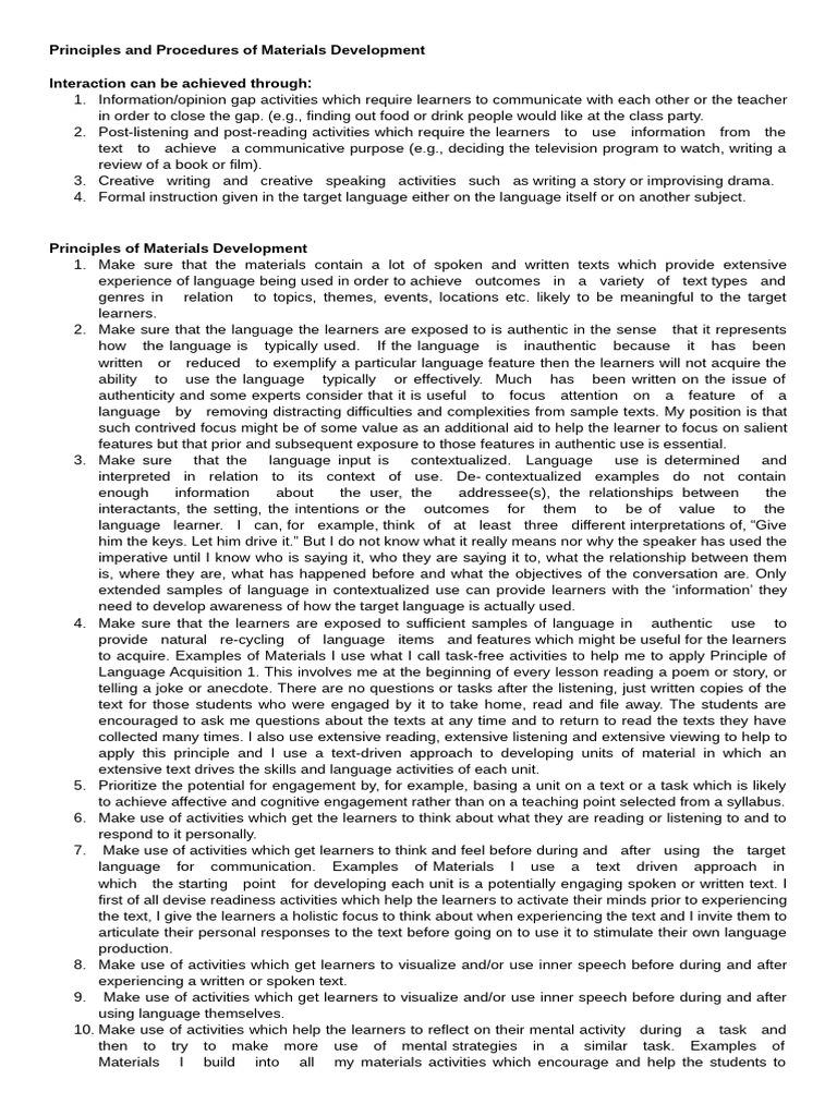 Materials Development Principles | PDF | Evaluation | Learning
