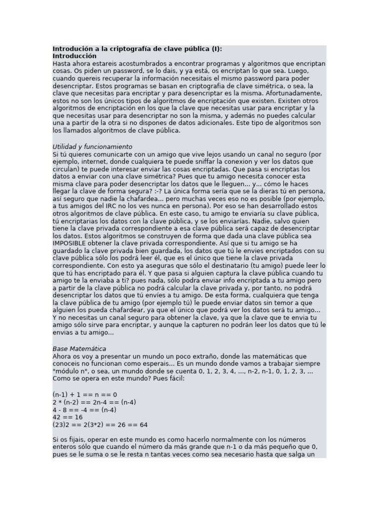 Introdución A La Criptografía de Clave Pública | PDF | Clave ...