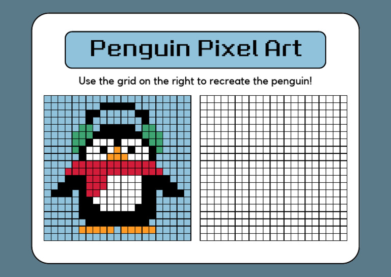 Penguin Pixel Art Worksheet in Blue and White Geometric Style | PDF