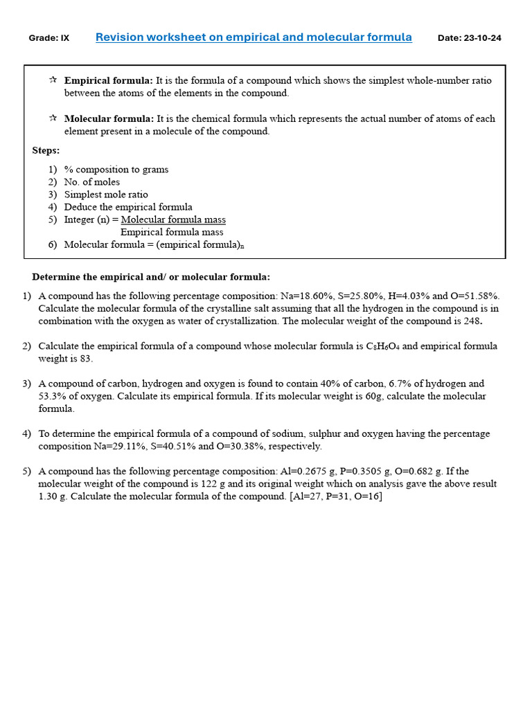 Worksheet 2 - Empirical formula-QP | PDF