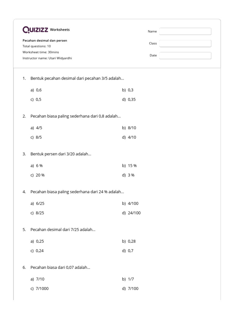 Pecahan Desimal Dan Persen | PDF