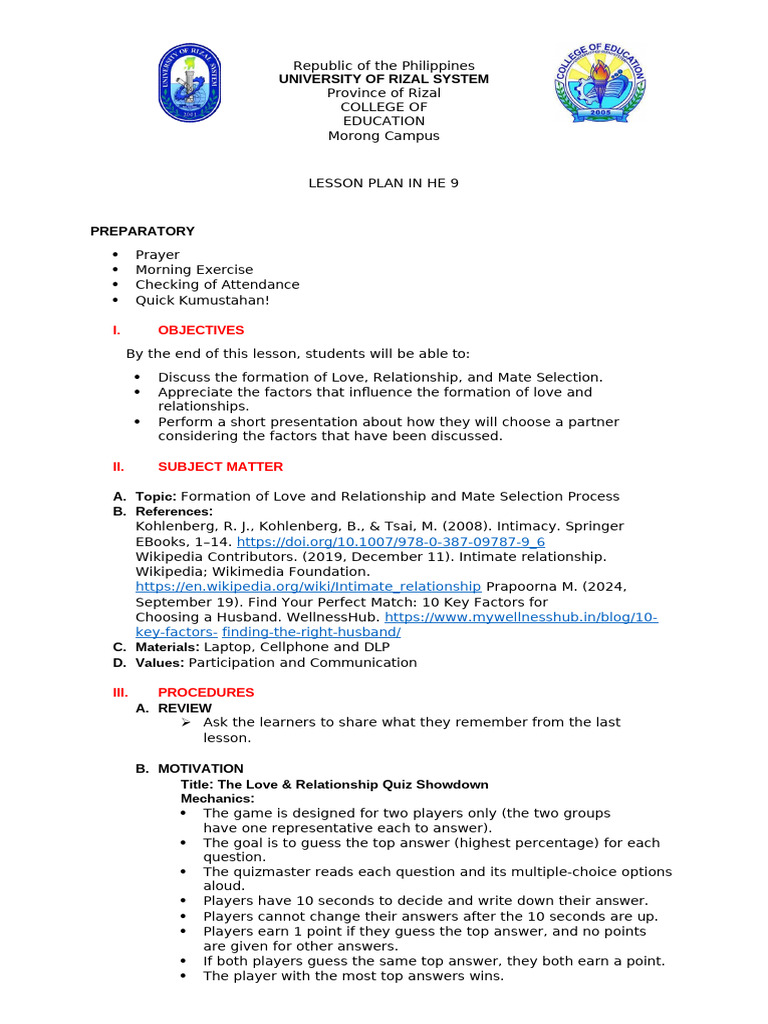 He 9 Topic Report Lesson Plan Week 3 | PDF | Intimate Relationships | Love
