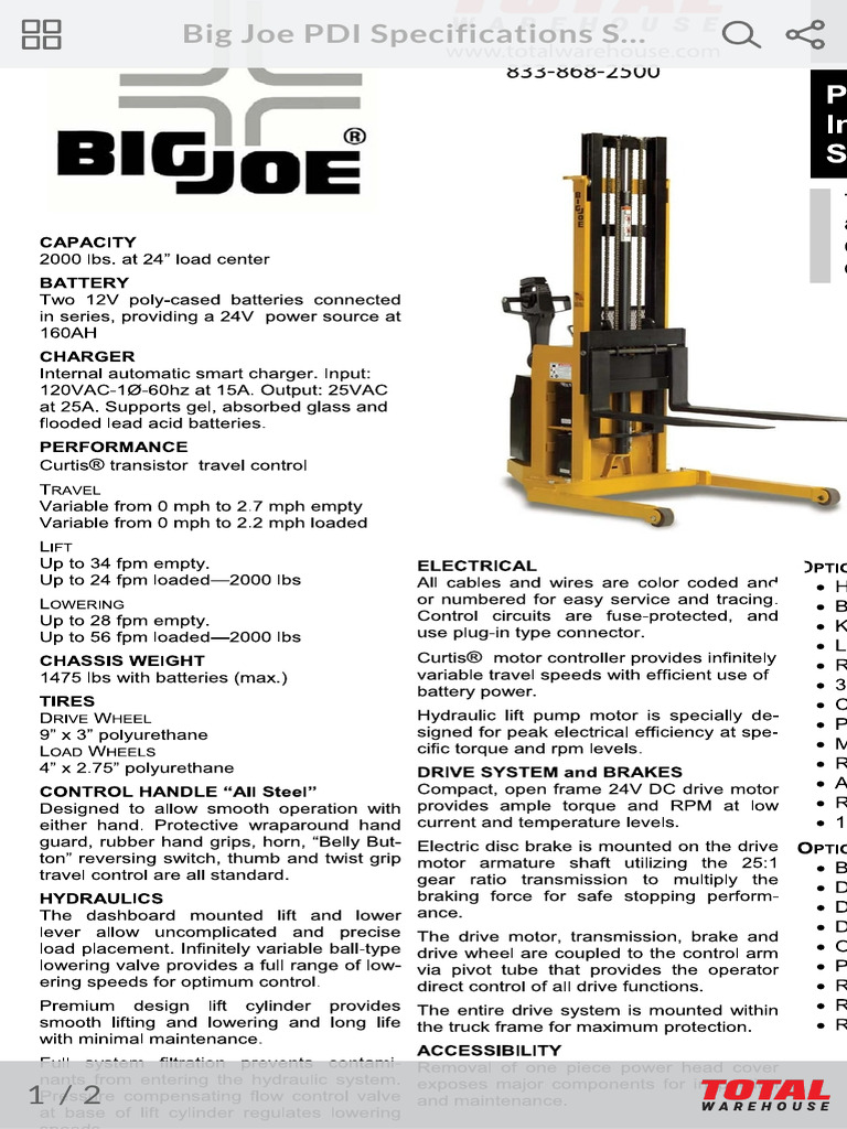 Big Joe PDI Specifications Sheet | PDF