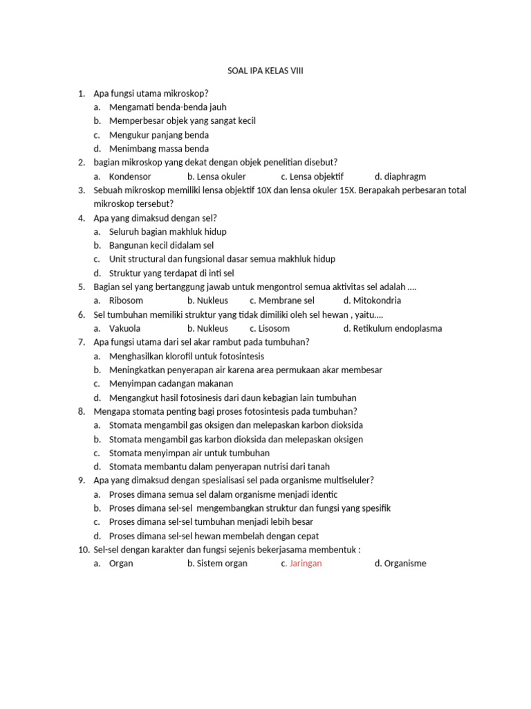 Latihan Soal Ipa Kelas Viii Materi Sel Dan Mikroskop | PDF