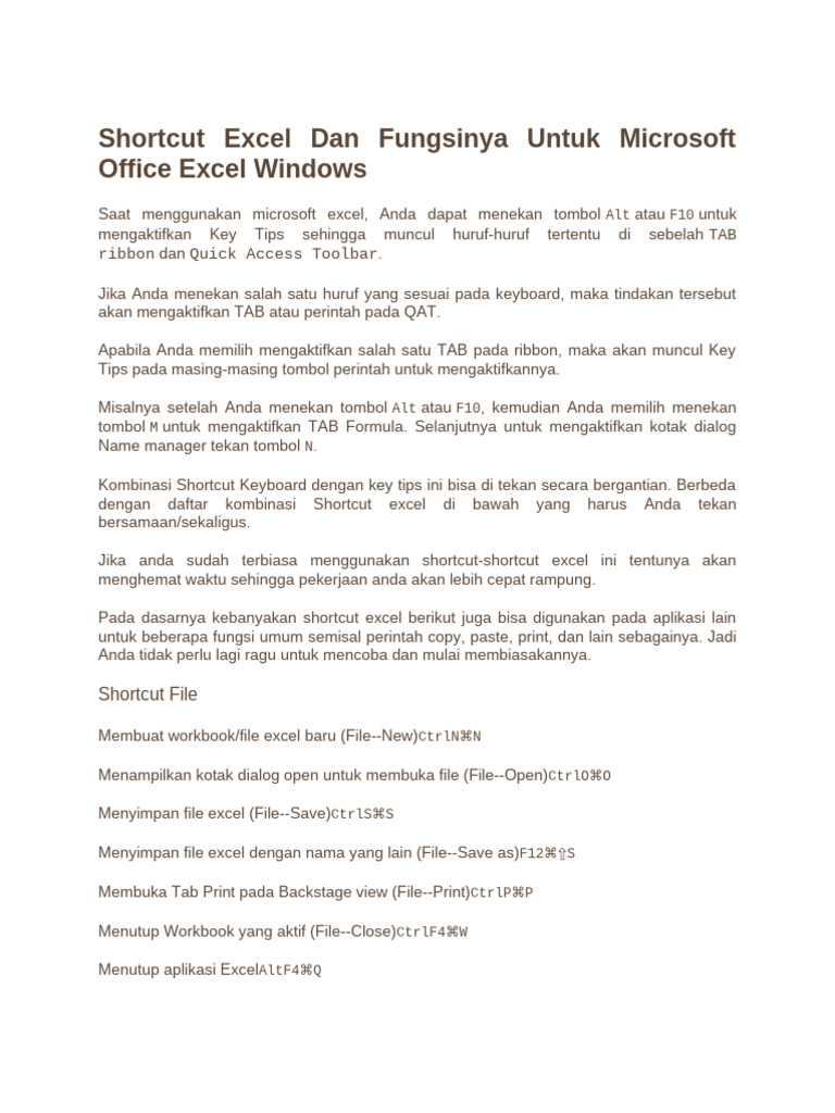 Shortcut Excel Dan Fungsinya Untuk Microsoft Office Excel Windows | PDF