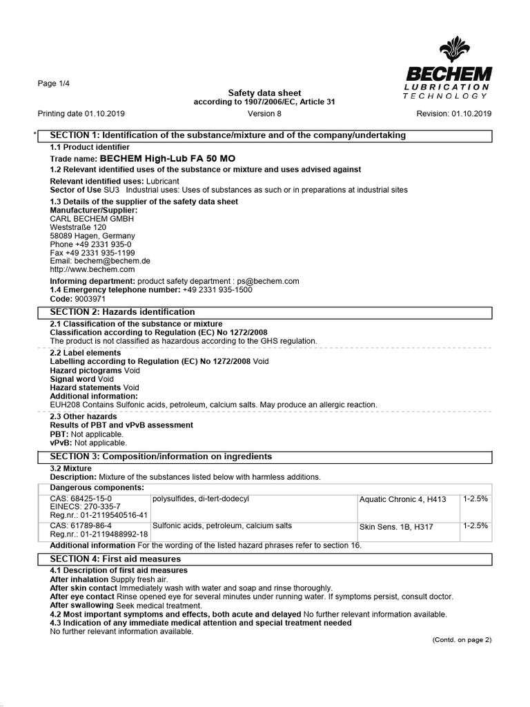 BECHEM High Lub FA 50 MO MSDS en | PDF | Occupational Safety And Health | Chemistry