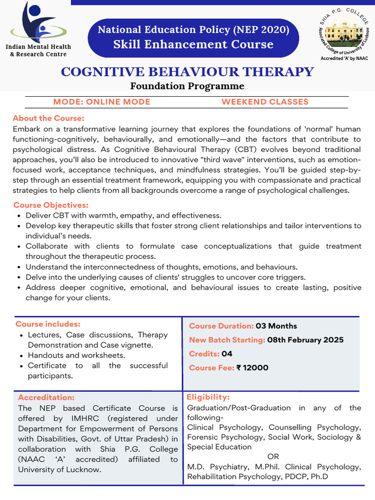CBT Certificate Course IMHRC | PDF | Cognitive Behavioral Therapy | Clinical Psychology