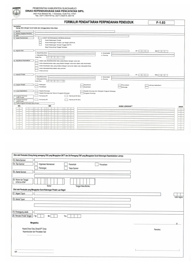 Formulir Pendaftaran Perpindahan Penduduk (F-1.03) | PDF