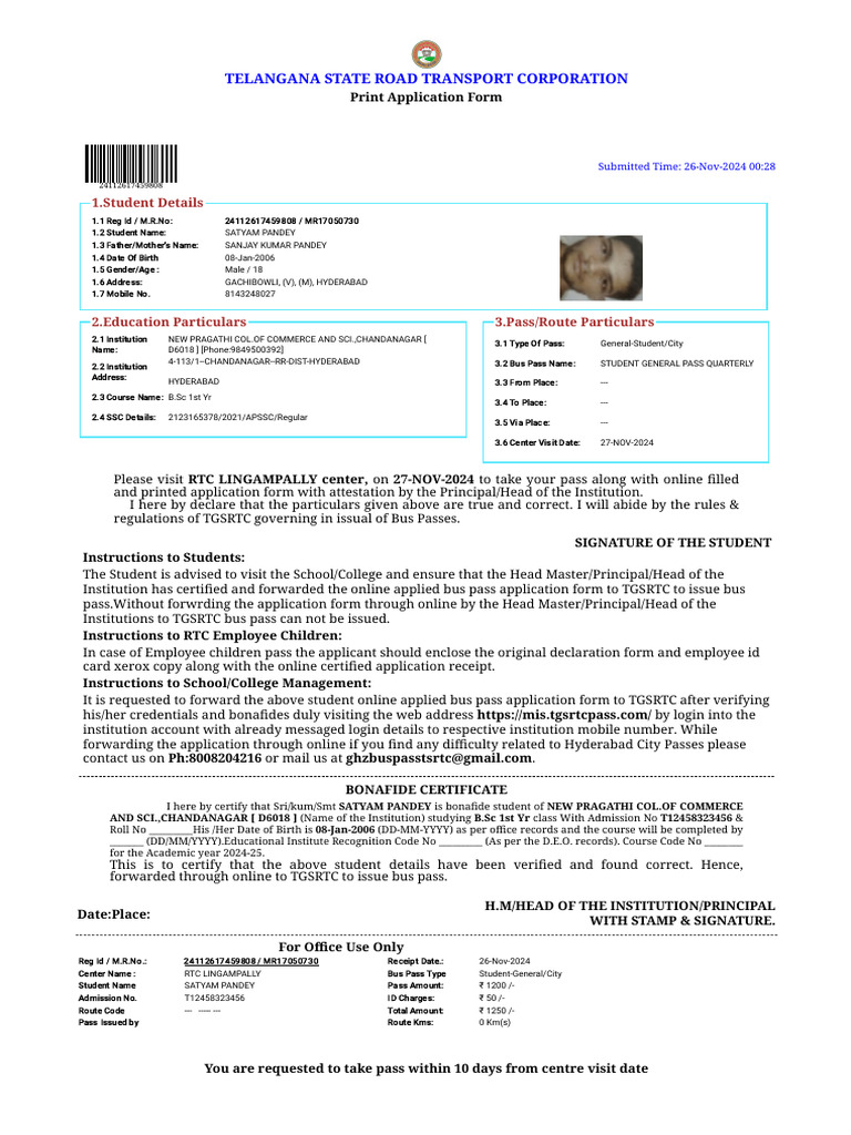 TGSRTC Bus Pass | PDF