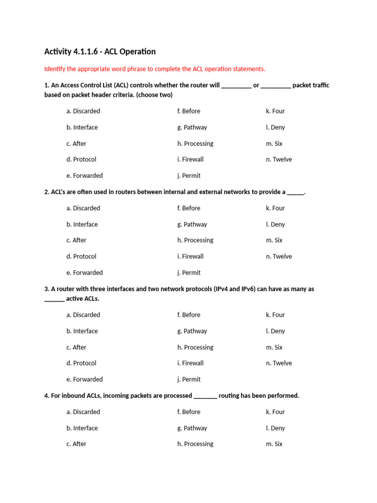 CCNA 4 - Access Control Lists - Activity 4.1.1.6 | PDF | Firewall (Computing) | Router (Computing)