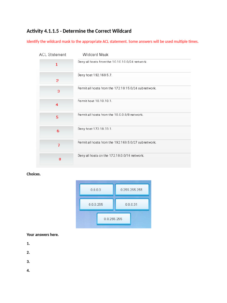 CCNA 4 - Access Control Lists - Activity 4.1.1.5 | PDF