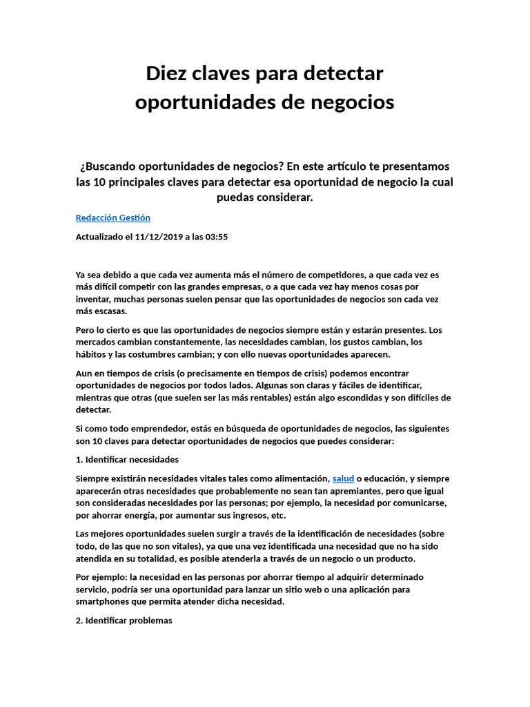 Diez Claves para Detectar Oportunidades de Negocios (Articulo Diario Gestion) | PDF | Iniciativa ...
