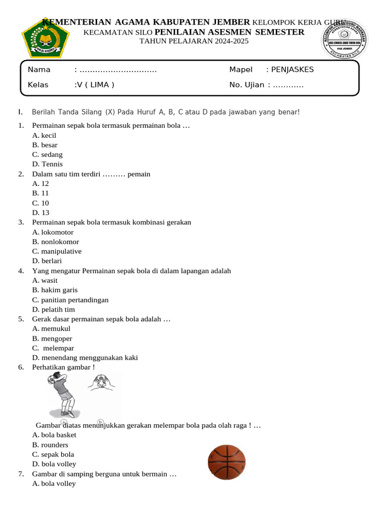 Soal PJOK Kelas 5 Semester 1 2024-2025 | PDF
