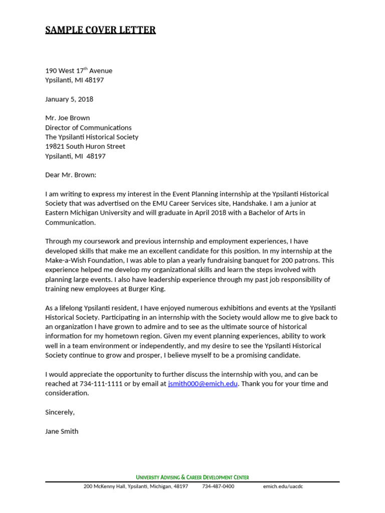 Ypsilanti Historical Society Internship Cover Letter | PDF