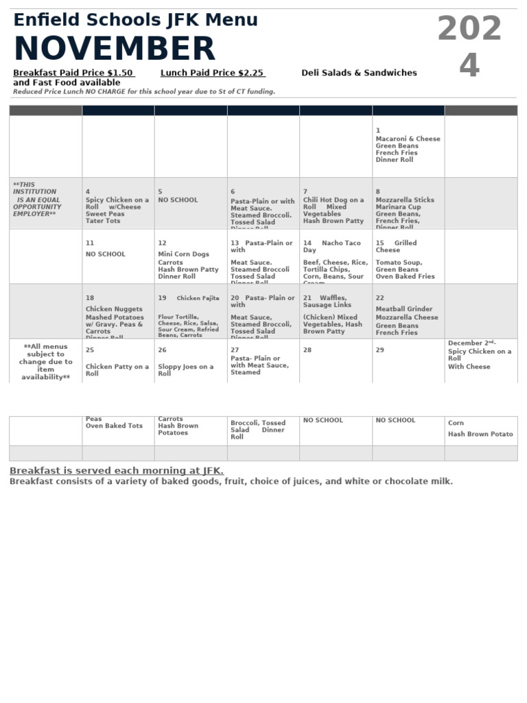 November JFK Menu 2024 de 2 | PDF | French Fries | Lunch
