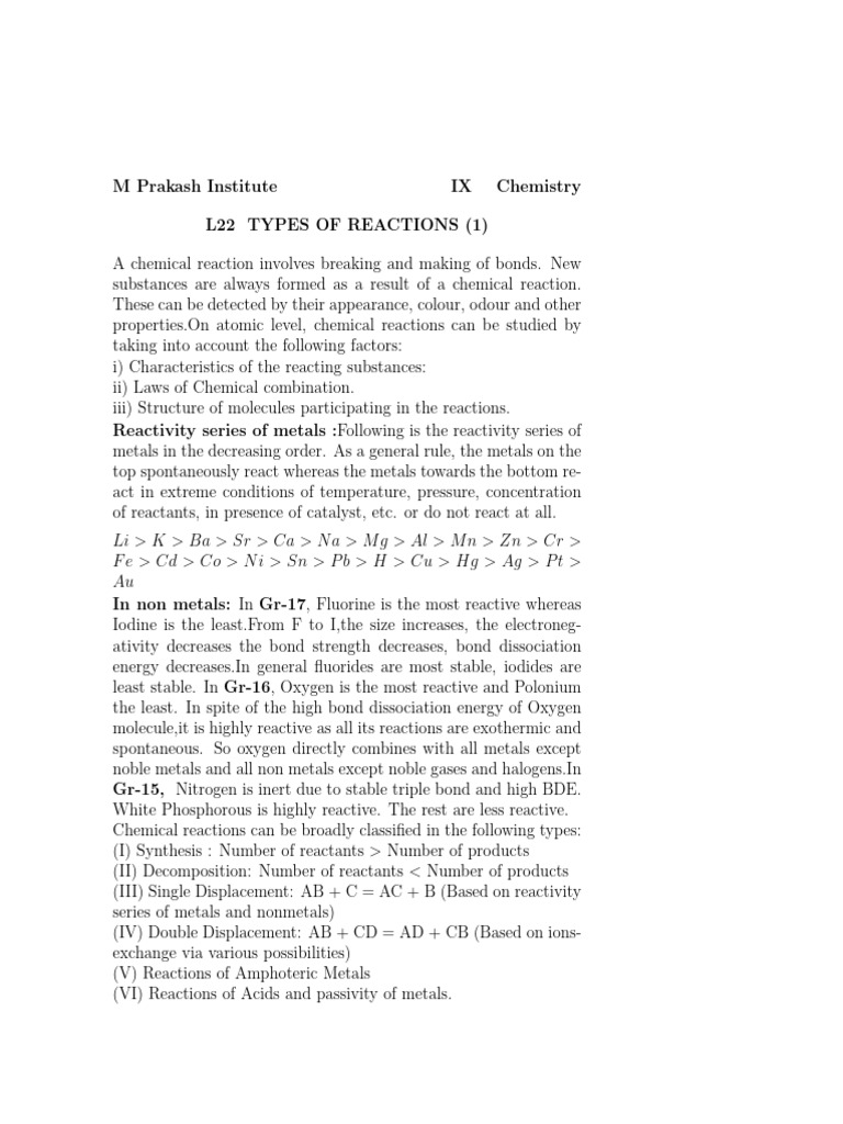 L22 Types of Reactions | PDF | Chemical Reactions | Reactivity (Chemistry)