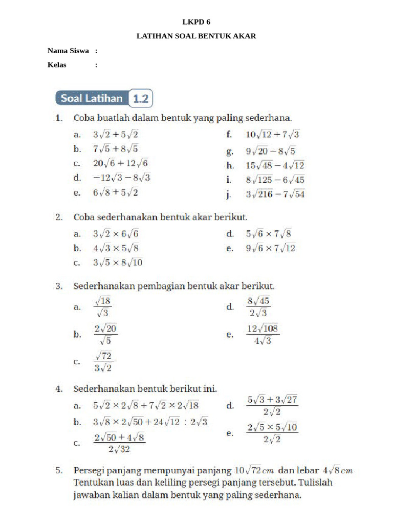 Latihan Soal Bentuk Akar LKPD 6 | PDF