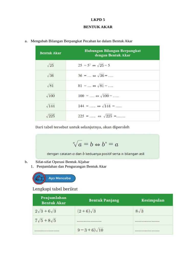 Bentuk Akar dan Operasi Aljabar | PDF