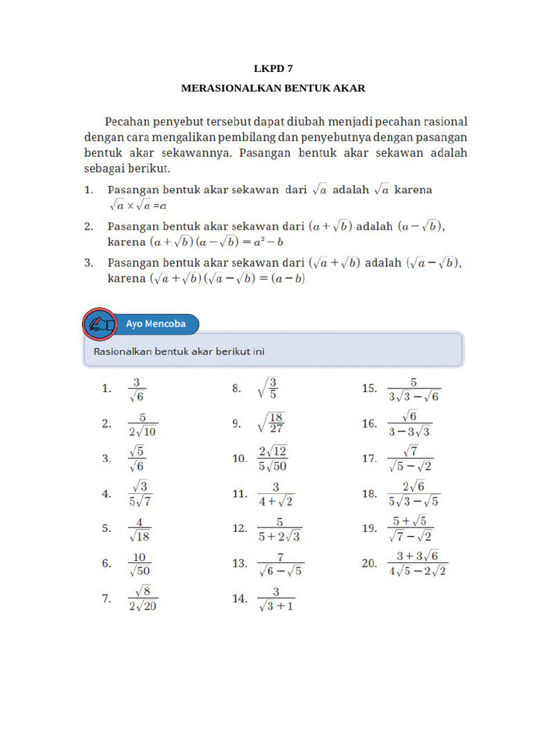 LKPD Merasionalkan Bentuk Akar (Untuk 2 Pertemuan) | PDF