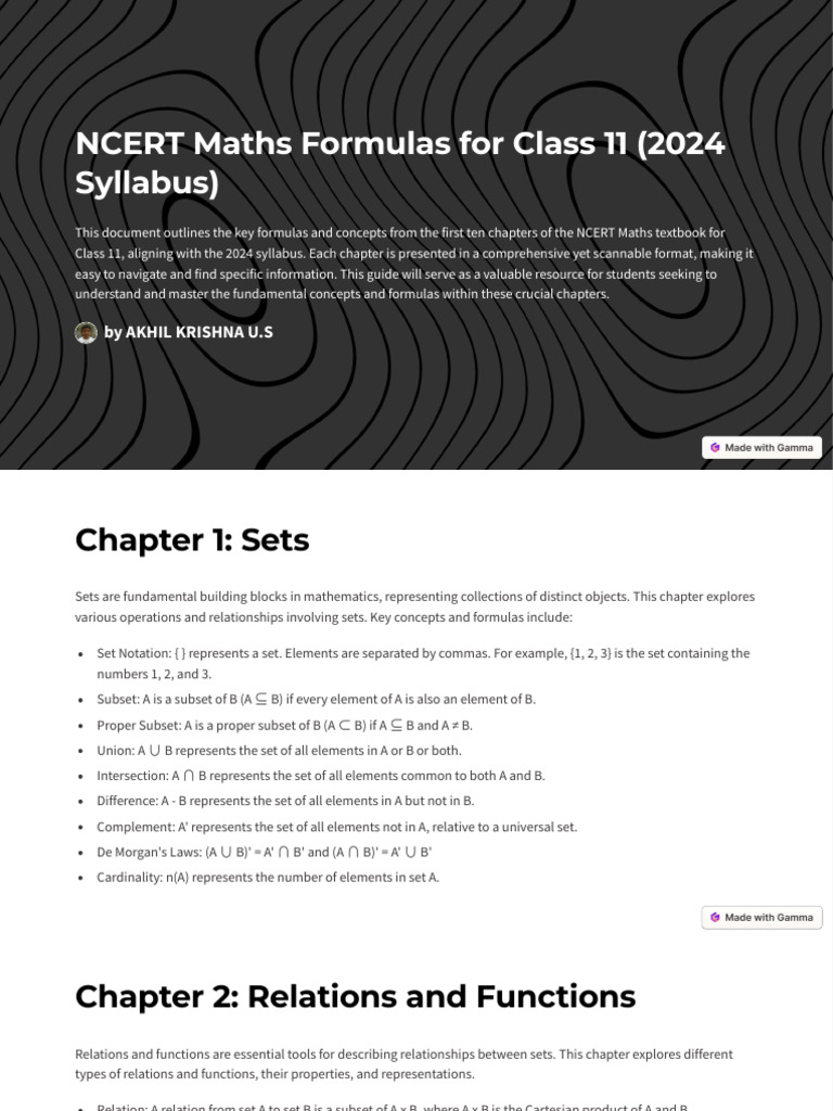 NCERT Maths Formulas For Class 11 2024 Syllabus | PDF | Function ...