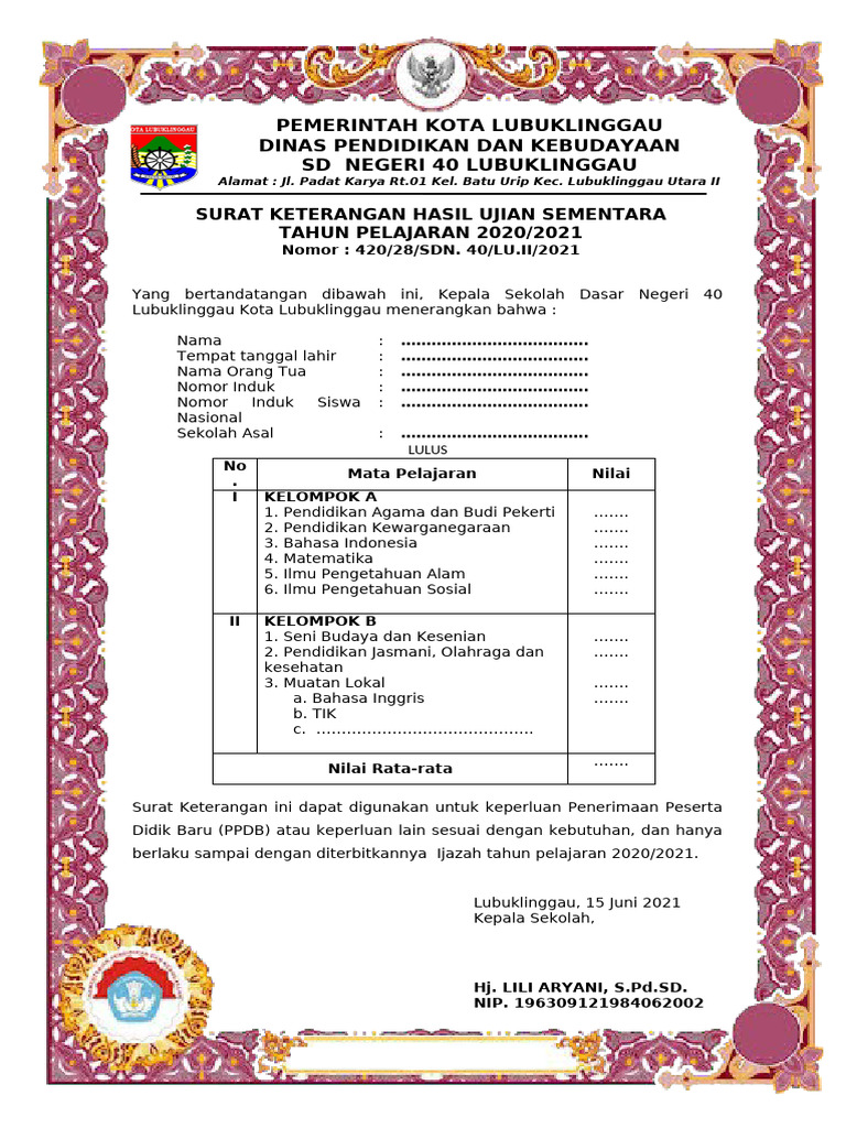 Surat Keterangan Hasil Ujian SD 2021 | PDF