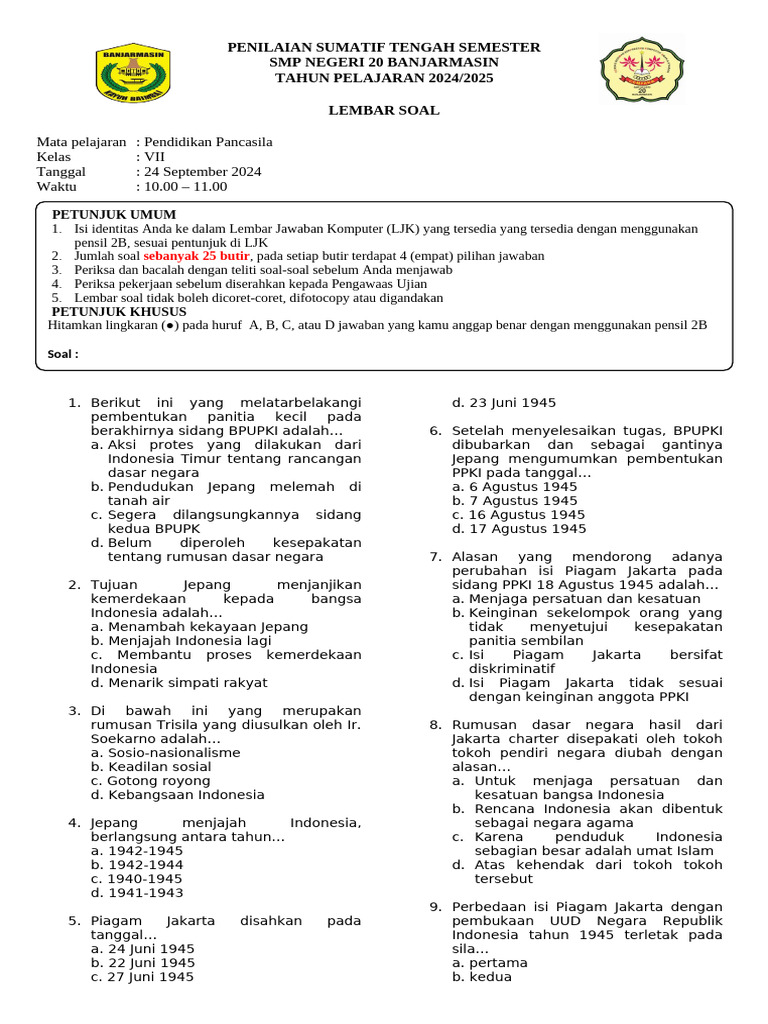 Soal PTS PKN 7 Ganjil 2024 | PDF