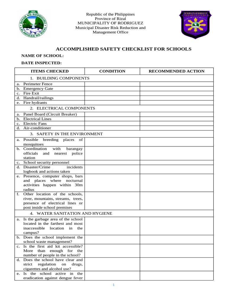 School Safety Inspection Checklist | PDF | Emergency Management | Safety