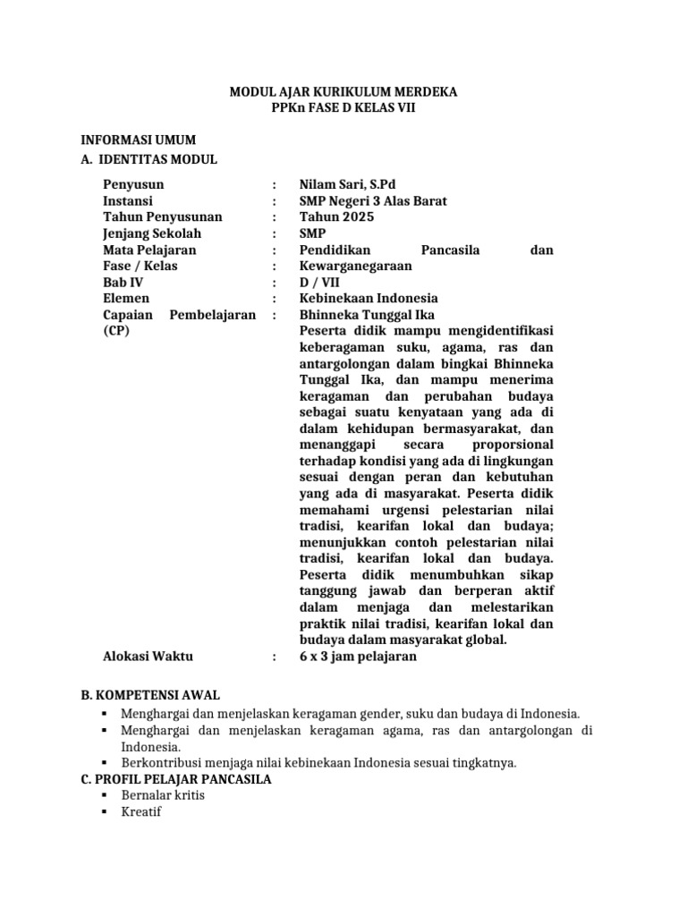 MODUL AJAR Kelas 7 PPKN Bab 4 | PDF