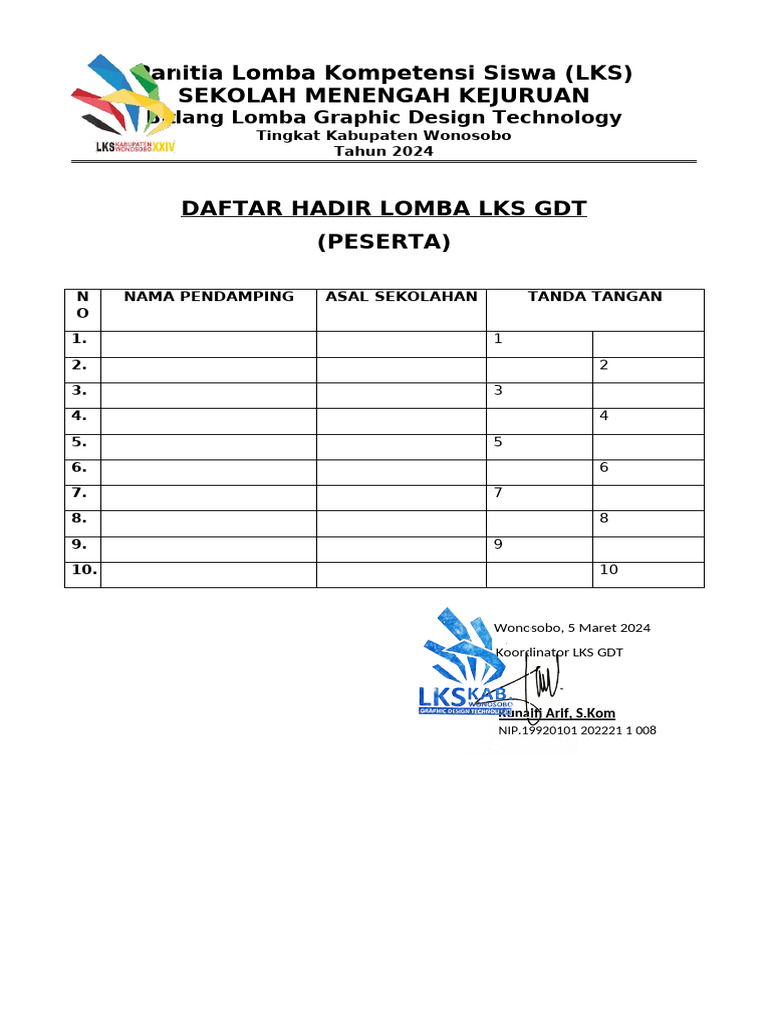 Daftar Hadir - Lomba LKS Peserta 2024 | PDF
