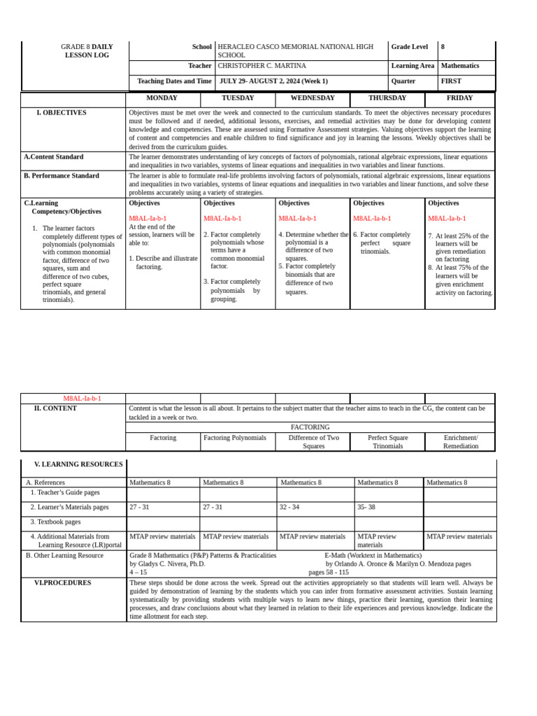 Grade 8 Daily Lesson Log | PDF | Equations | Polynomial