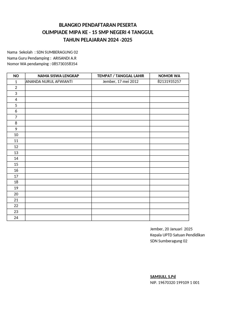 Blanko Pendaftaran Mipa | PDF