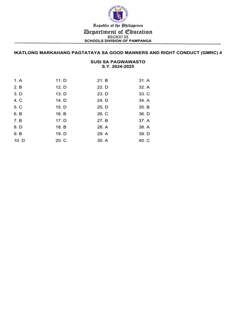 Grade 4 GMRC Answer Key S.Y. 2024-2025 | PDF