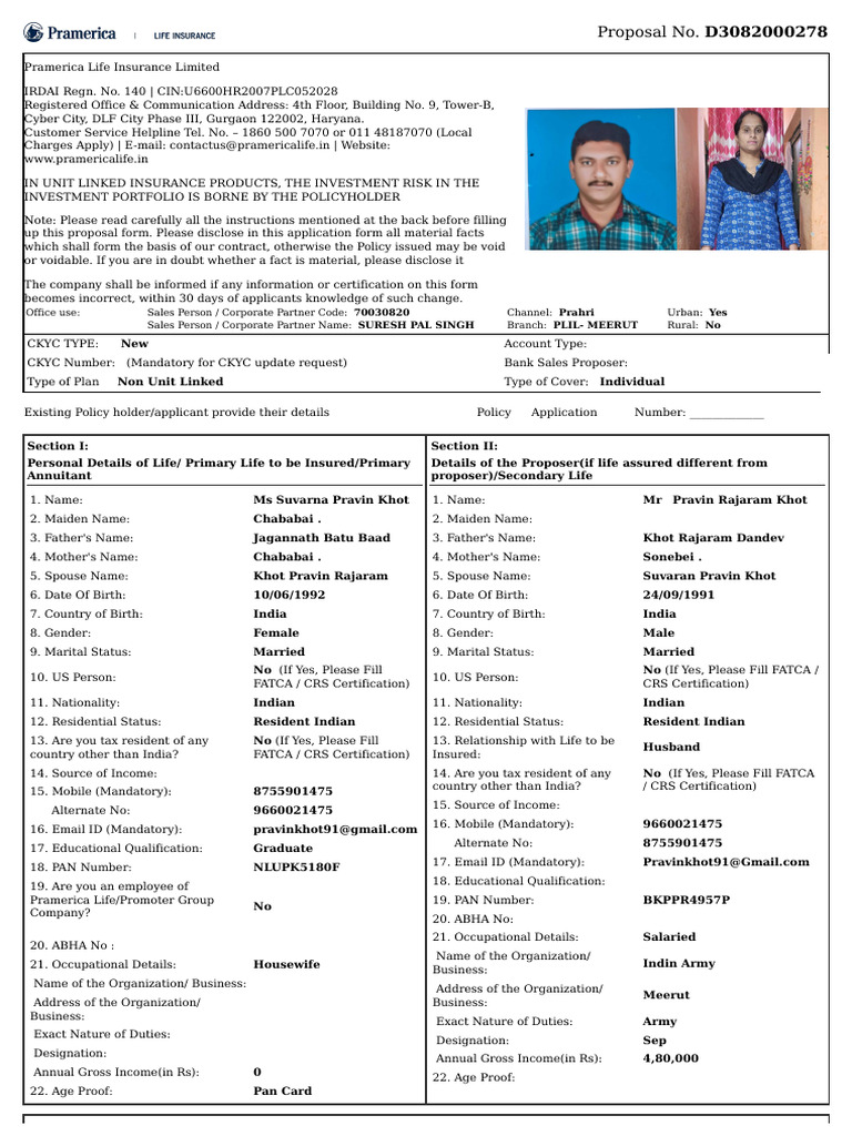 Pramerica Life Insurance Proposal Form | PDF | Insurance | Life Insurance