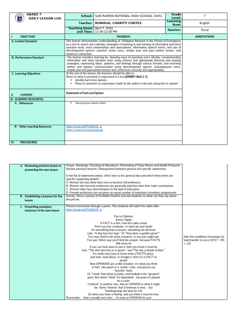 Grade 7 English Lesson Plan | PDF | Learning
