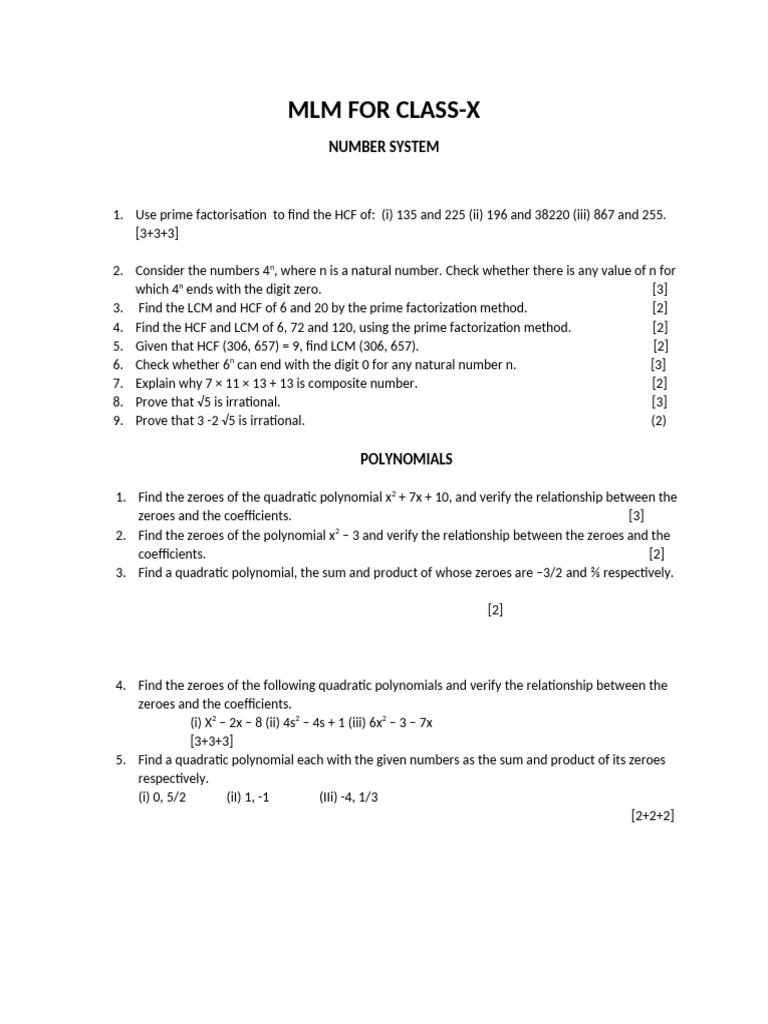 Class 10th Maths MLL Questions Chapterwise | PDF | Circle | Factorization