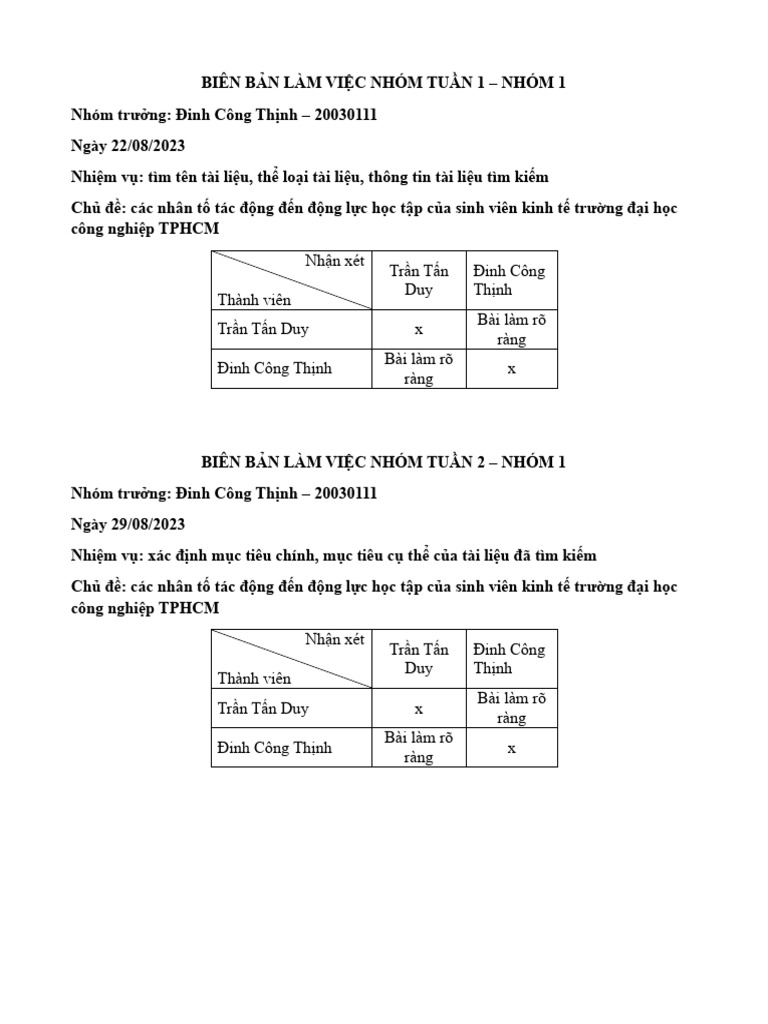 Bien Ban Lam Viec - 10 Tuan-Nhom1 | PDF