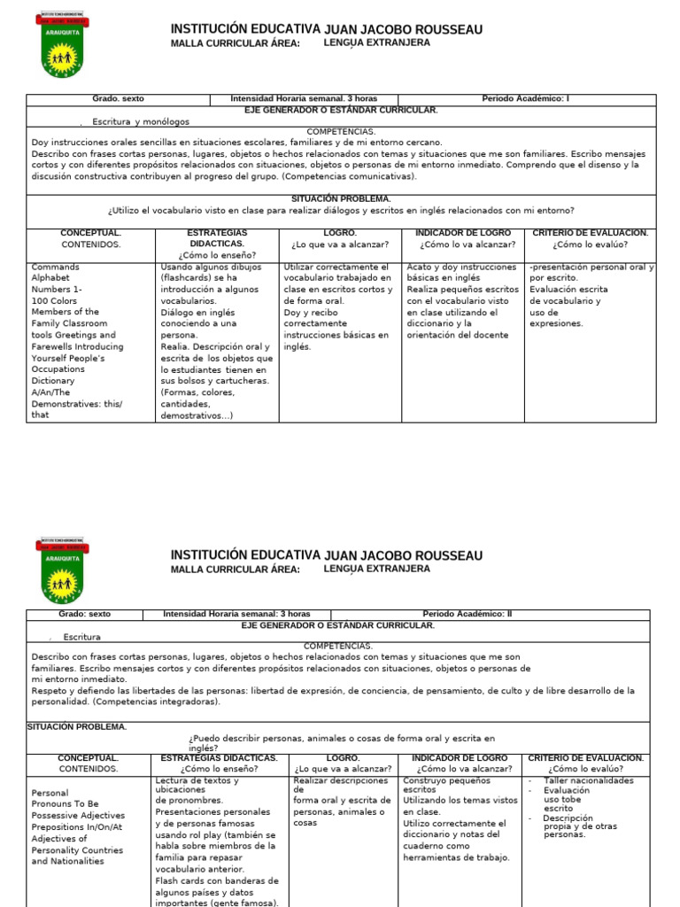 Plan de Estudios Ingles de 6 Sexto A 11 Once 2025 J Jacobo Rousseau | PDF | Evaluación | Verbo