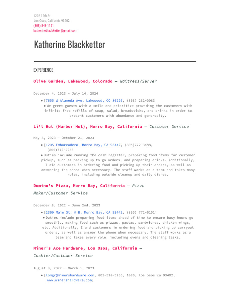 Katherine Blackketter's Resume 2024 | PDF | Cuisine | Foods