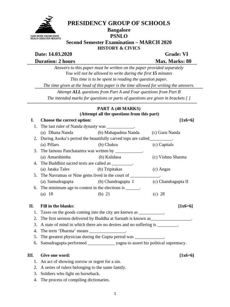 VI Grade History & Civics Exam Paper | PDF | Ashoka | Indian Philosophy