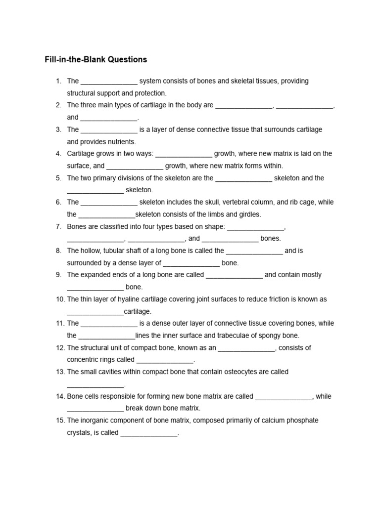 Bone Tissue Fill in The Blank | PDF | Bone | Skeleton