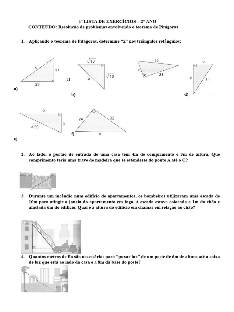 Exercícios de Teorema de Pitágoras 2º Ano | PDF