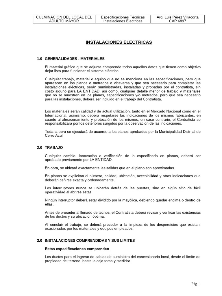 Especificaciones Tecnicas de Inst. Electricas | PDF | Conductor electrico | Cambiar