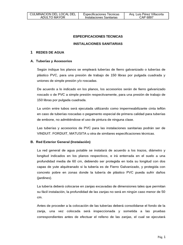 Especificaciones Tecnicas de Inst. Sanitarias | PDF | Agua | Tubería (transporte de fluidos)