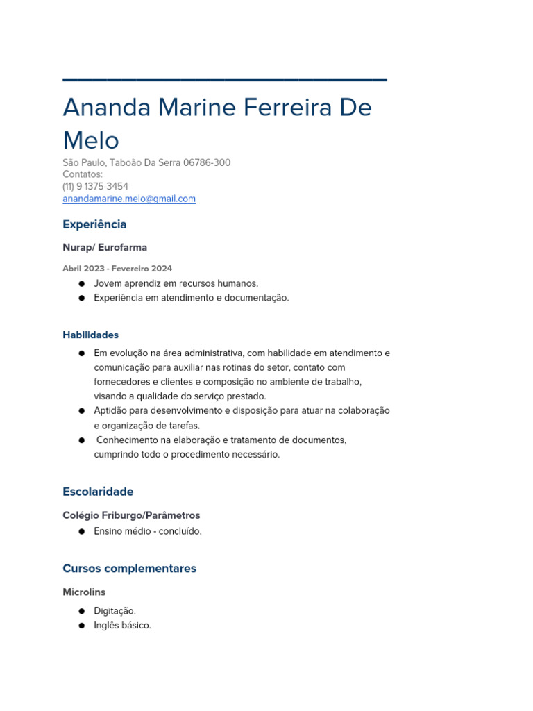 Currículo de Ananda Marine Ferreira | PDF
