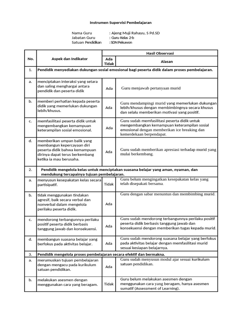 6. Instrumen Supervisi Pembelajaran Bu Enik - Copy | PDF