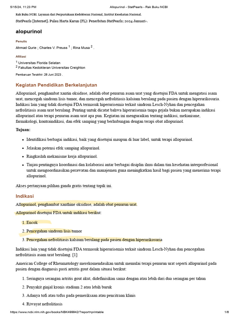 Allopurinol - StatPearls - Rak Buku NCBI | PDF