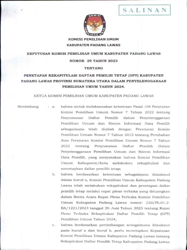 SK Kpu Nomor 29 Tahun 2023 | PDF