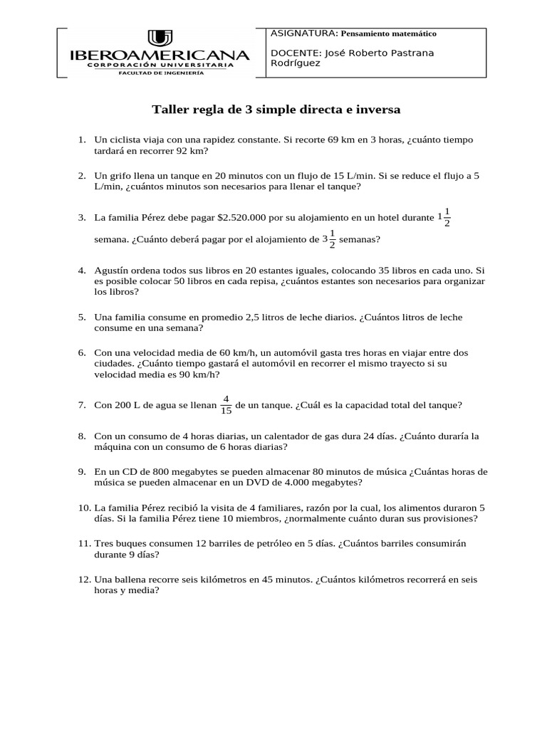 Ejercicios de regla de 3 simple matemática | PDF